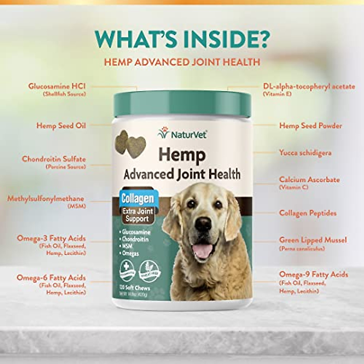 NaturVet Hemp Advanced Joint Health Dog Supplement Soft Chews –Helps Support Joint Health in Dogs – Includes Hemp Seed, Collagen, Glucosamine, MSM, Chondroitin, Omegas – 120 Ct.
