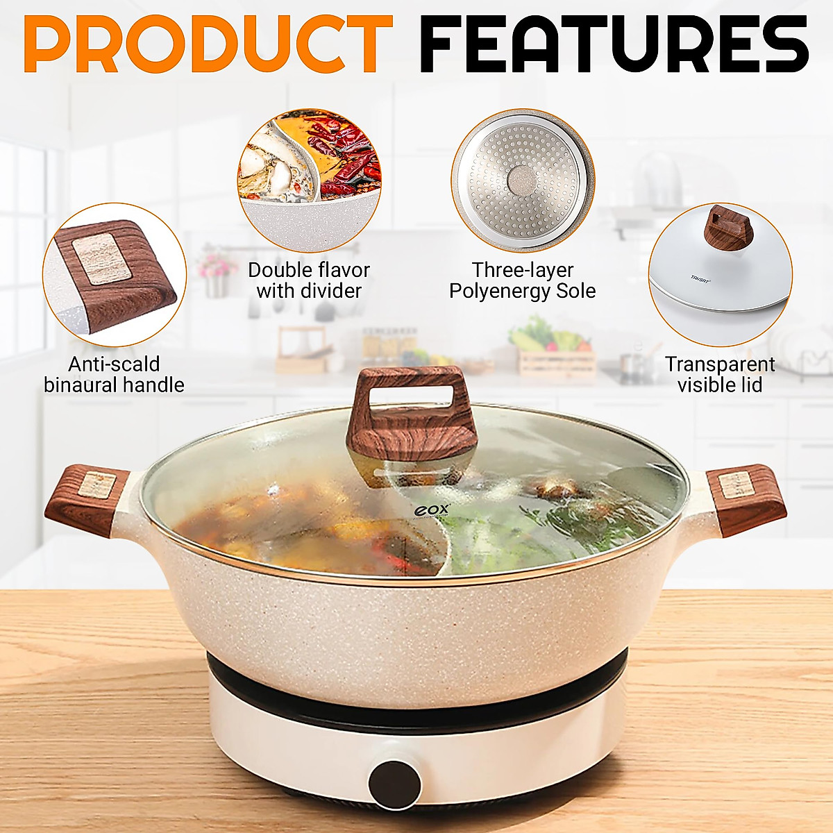 Generic 5-QT Double-flavor Multi-Functional Hot Pot Divider for Dual Broth Cooking - Dual-Sided 12 Inch Shabu Shabu Pot for Electric Induction, Gas Stove, Cooktop, Grill, Large, Beige