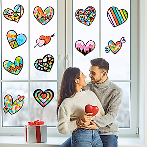 Haooryx Valentine’s Paper Craft Kits - 12-Piece Valentine’s Day Kids' Heart-Shaped Paper Suncatcher Kit DIY Craft Kids Stained Glass Effect Decorations Classroom Handcraft Art Supplies Party Favors