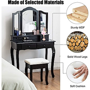RIVALLYCOOL 2-in-1 Vanity Table Set, Multipurpose Dressing Desk Set with 4 Drawers Tri-Folding Mirror, Cushioned Stool, Wood Table with with Modern Shape, Bedroom Bathroom Makeup Table (Black)