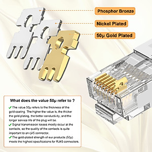VCELINK Cat7 Cat6A RJ45 Pass Through Connectors Shielded 30-Pack, 3-Prong 50μ Gold Plated Modular Plug Ethernet Ends with Strain Relief Boots (Black)