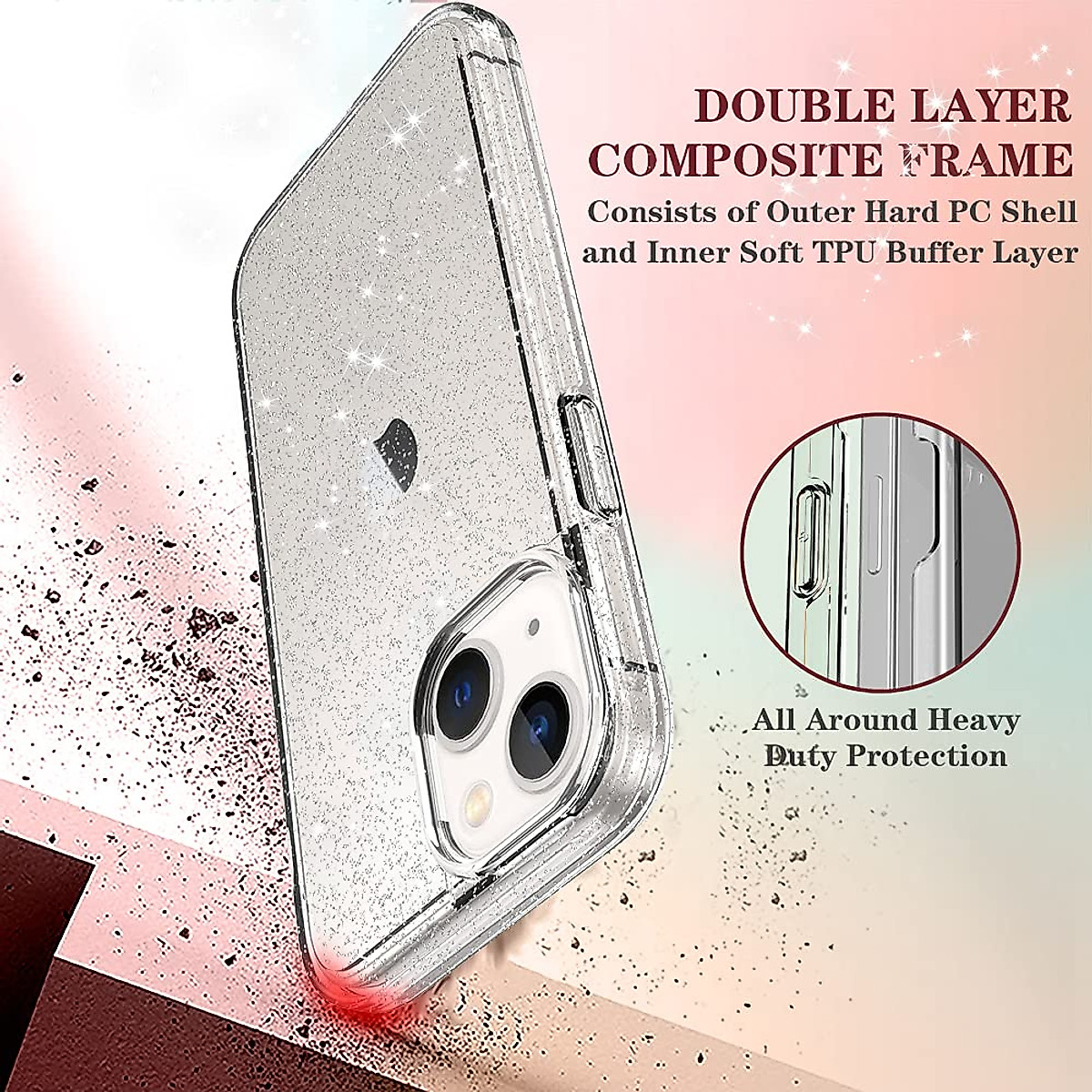 LABILUS Glitter Shining Double Layers Bumper Hard PC Back Protective Case for Girls Women, Compatible with iPhone 13 Mini (5.4 inches) - Clear