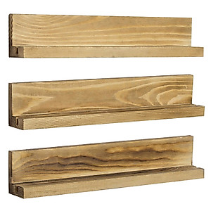 MyGift Rustic Brown Burnt Wood Challenge Coin Holder and Casino Chip Display Wall Shelf Rack, Set of 3