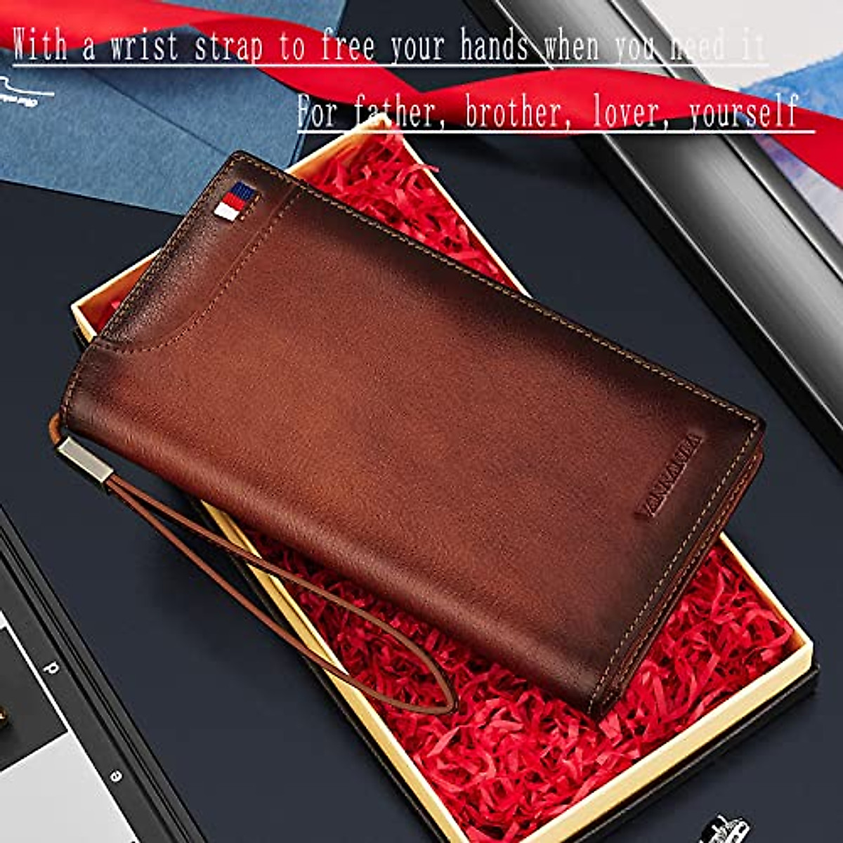 VANNANBA Mens Long Wallet Zipper Full Grain Leather Bifold Checkbook Cards Organized Holder Purse for Business Travel Gift