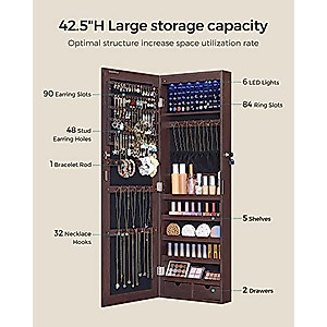 SONGMICS Hanging Jewelry Cabinet, Wall-Mounted Cabinet with LED Interior Lights, Door-Mounted Jewelry Organizer, Full-Length Mirror, Gift Idea, Brown UJJC99BR