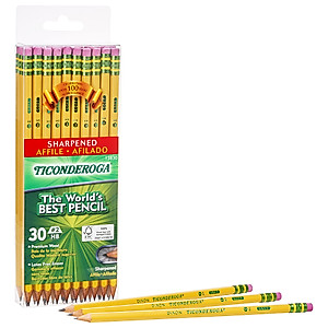 TICONDEROGA Pencils, Wood-Cased, Pre-Sharpened, Graphite #2 HB Soft, Yellow, 30-Pack (X13830)
