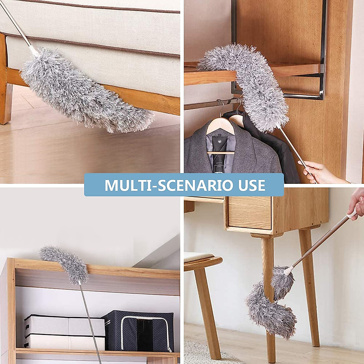 Microfiber Duster with Extension Pole(Stainless Steel) 30 to 100'', with Bendable Head, Extendable Long Duster for Cleaning Ceiling Fan, High Ceiling, Keyboard, Furniture Cars