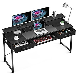 ODK Computer Desk Study Table, 63 Inch Office Desk with Drawers and Keyboard Tray, Study Desk Work Desk with Monitor Shelf, Writing Desk with Storage for Home Office, Black