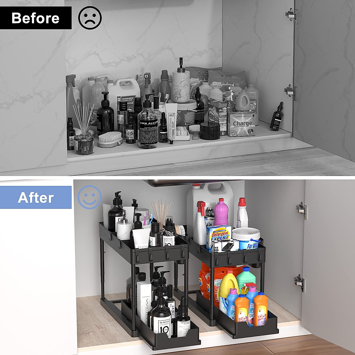 2 Pack Under Sink Organizers and Storage, 2 Tier Black Bathroom Cabinet Organizer with 4-Height Adjustable Telescopic Tube,4 Removable Dividers,4 Hooks,1 Cup,Bathroom Under Sink Organizer for Home