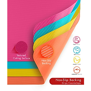 Dexas Heavy Duty Cutting Board Grippmat, Flexible Cutting Boards for Kitchen, Set of 4, Non Slip Plastic Board Cutting Mat 11.5 by 14 inches, Bright Blue, Yellow, Orange and Pink Set Kitchen Gadgets