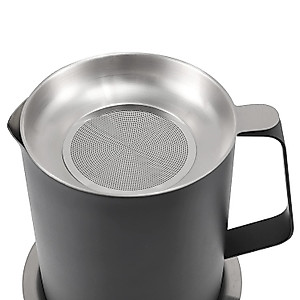VUCCHINI Bacon Grease Container with Fine Strainer and Lid - Larger Capacity Bacon Grease Keeper Oil Can - Iron Cooking Oil Can with Removable a Coaster Tray for Kitchen Fat Storage