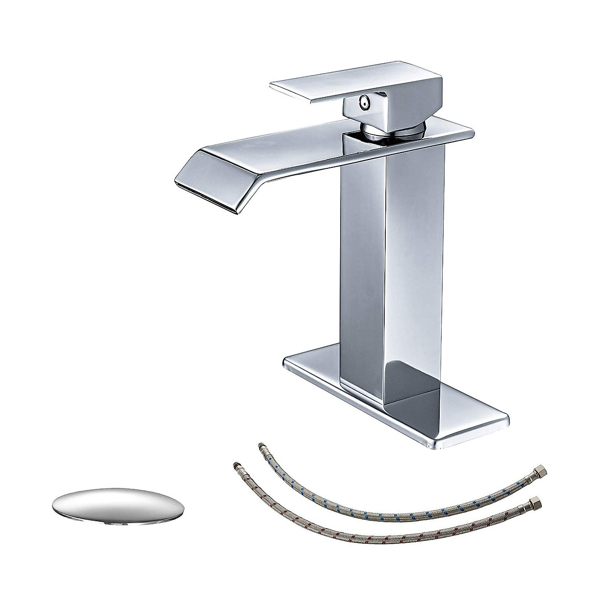 BWE Bathroom Faucet Chrome Modern Waterfall with Pop Up Drain for Sink 1 Single Hole Bathroom Sink Faucet Parts Spout Bath Lavatory Vanity Stopper Overflow and Supply Hose Single Handle Square
