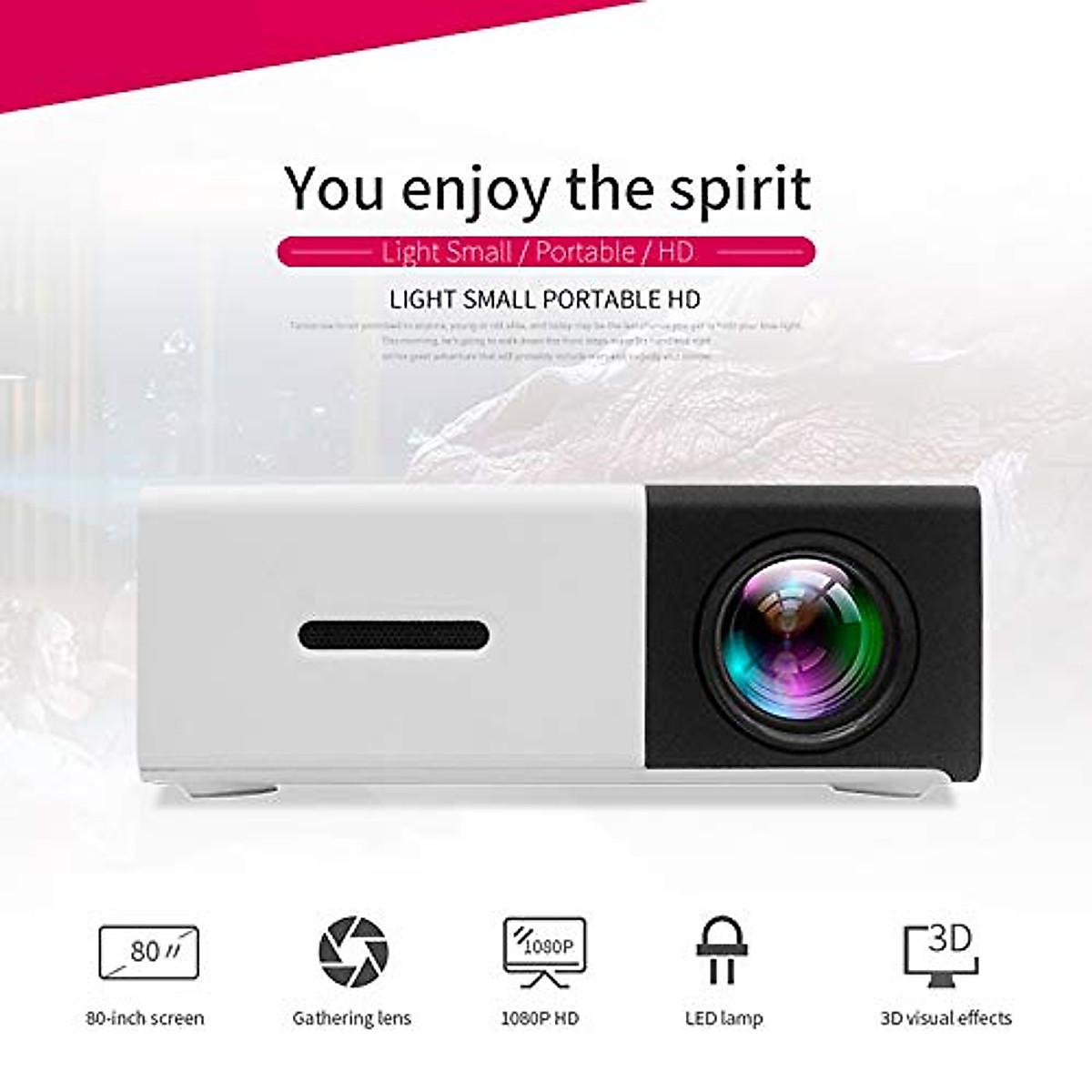 Mini Movie Projector, 24-60 Inches Screen 1080P Portable Projector Compatible with USB| Laptop| Phone, Built-in Speaker, LED Light Source, Electronics Tech Gadgets, Mini TV, Cool Stuff (Black)