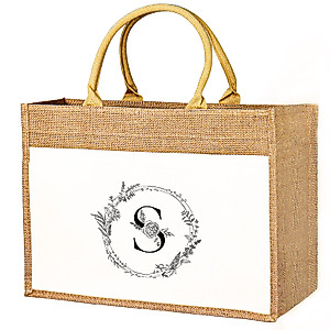 JUSTOTRY Initial Tote Bag - Natural Jute Large 13OZ Utility Personalized Canva Tote Bag Monogrammed Gift for Women