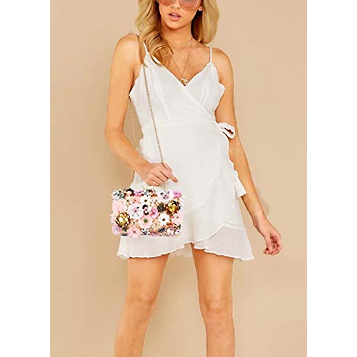 Selighting Colorful Floral Clutch Evening Bags for Women Formal Beaded Bridal Wedding Purse Prom Cocktail Party Handbags Champagne