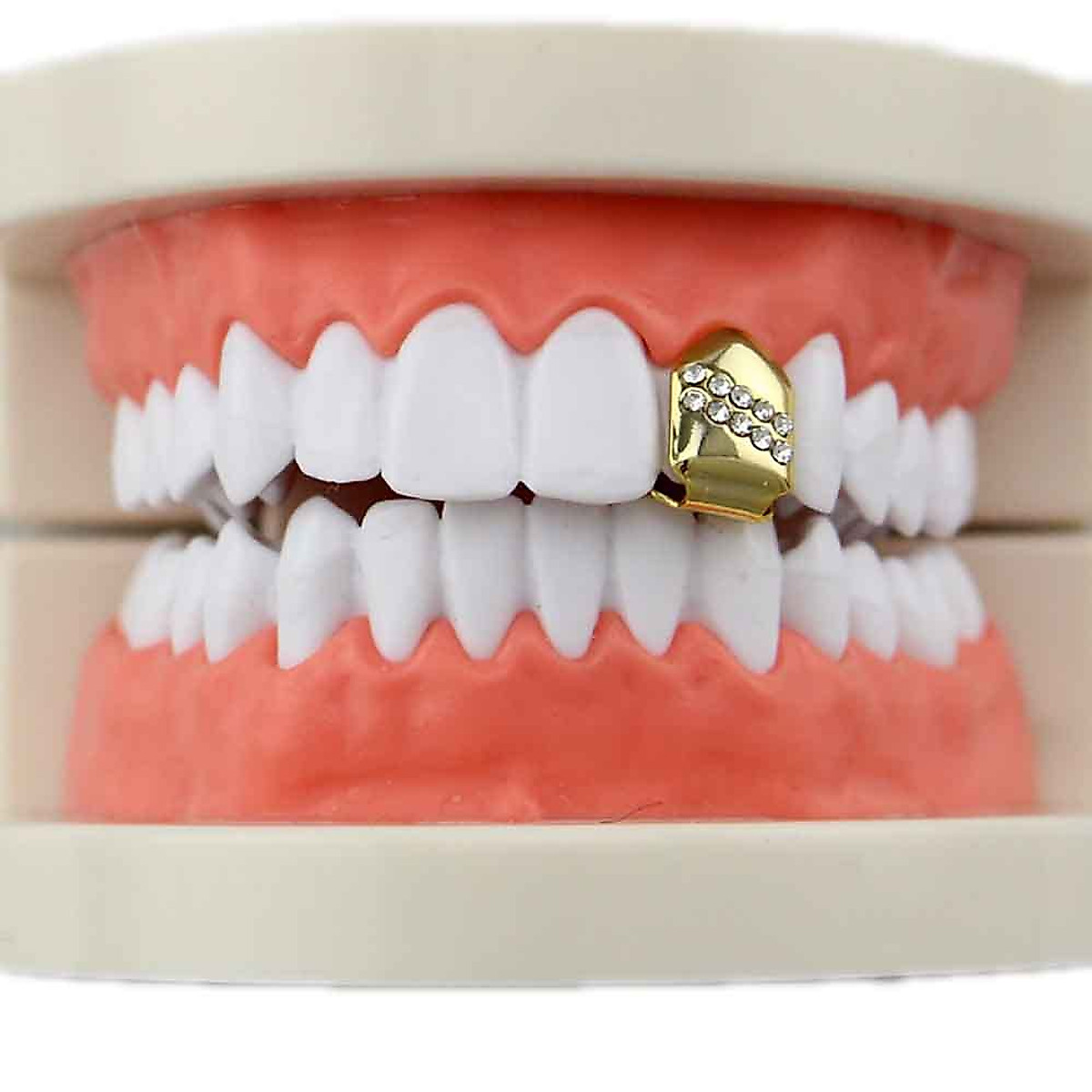 Psivika 2PC Gold Plated Diamond Single Grillz Cap for Your Teeth Grillz Men Women Hip Hop Jewelry Gift (Gold)