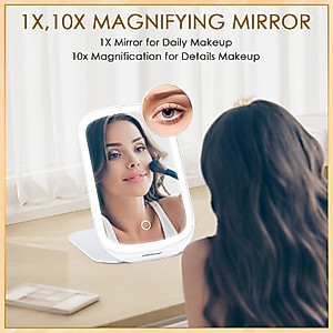 Woltechz Rechargeable Travel Makeup Mirror with Light, 10X Magnifying Mirror, 3 Color Lighting, Dimmable Touch Screen, Portable Ultra Slim Folding Lighted Makeup Mirror