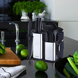 18 Pieces Black Kitchen Utensils Set Cooking Utensils Set Stainless Steel Knife Set with Block, 7 Piece Silicone Cooking Utensils Set with Scissors Vegetable Peeler Knife Sharpeners Cutting Board