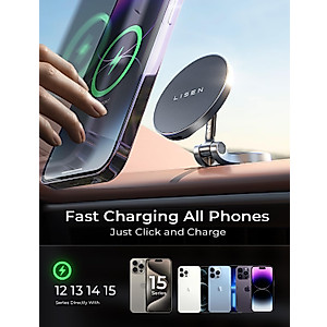 LISEN for Magsafe Car Mount Charger [Fastest Charging Speed] 15W Fast Charging Wireless Car Charger iPhone Car Mount, Phone Holder Mount for Car Dashboard for iPhone 15 Pro Max Plus 14 13 12 Mini