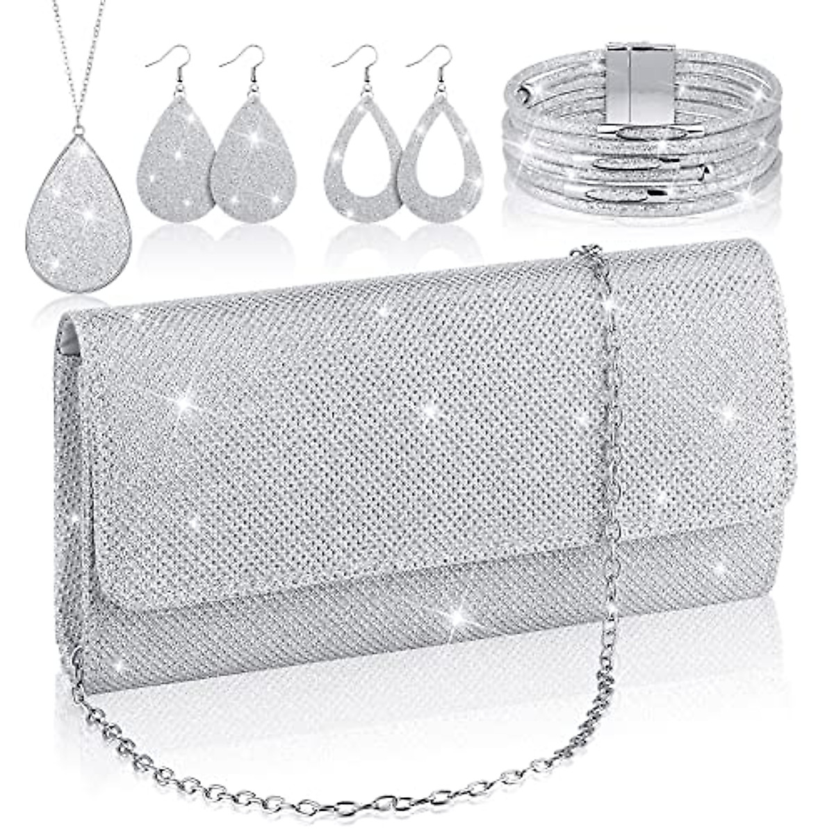 5 Pcs Women's Evening Bag with Glitter Jewelry Set, Glitter Clutch Purse Party Handbag with Chain Bling Teardrop Pendant Necklace Multi Layer Bracelet PU Leather Dangle Earring for Lady (Silver)