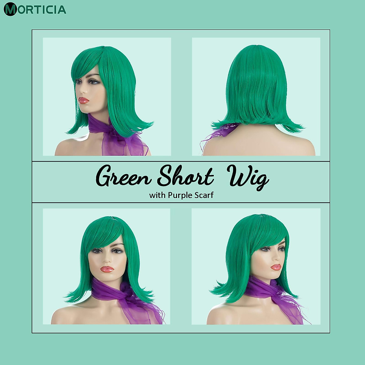 MORTICIA Short Straight Fillp out Green Bob holiday and vacations Costume Cosplay Wig with Purple Scarf