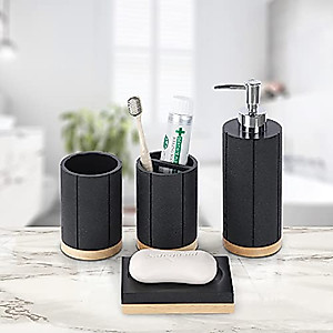 MyGift 4 Piece Modern Black & Natural Acacia Wood Bathroom Accessories Set Includes Soap Dish, Tumbler, Toothbrush Holder & Pump Dispenser