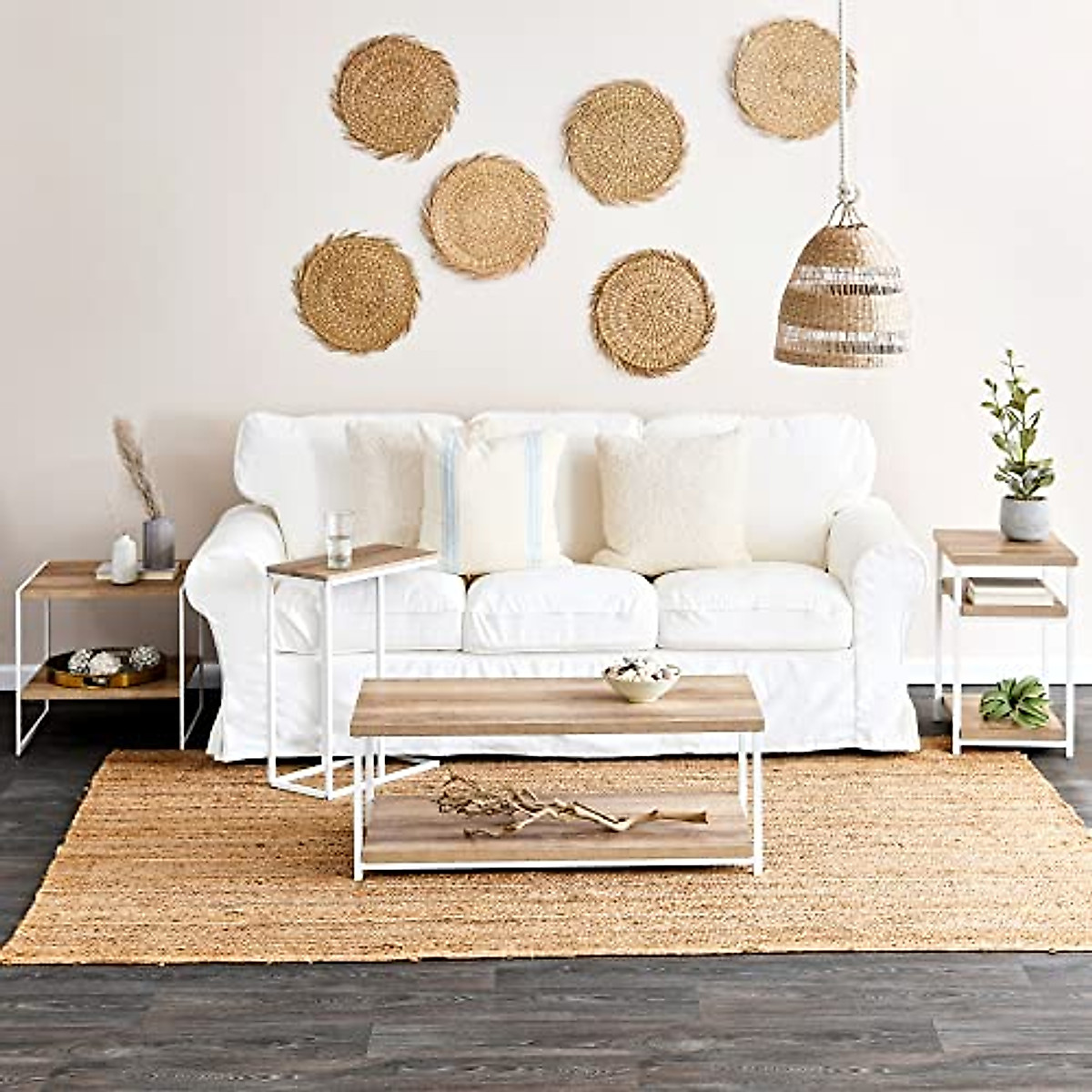 Household Essentials Jamestown Rectangular Coffee Table with Storage Shelf Coastal Oak Rustic Wood Grain and White Metal