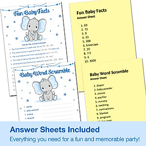 Papery Pop Baby Shower Games for Boy - Set of 4 Games for 30 Guests - Double Sided Cards - Baby Shower Supplies - Elephant