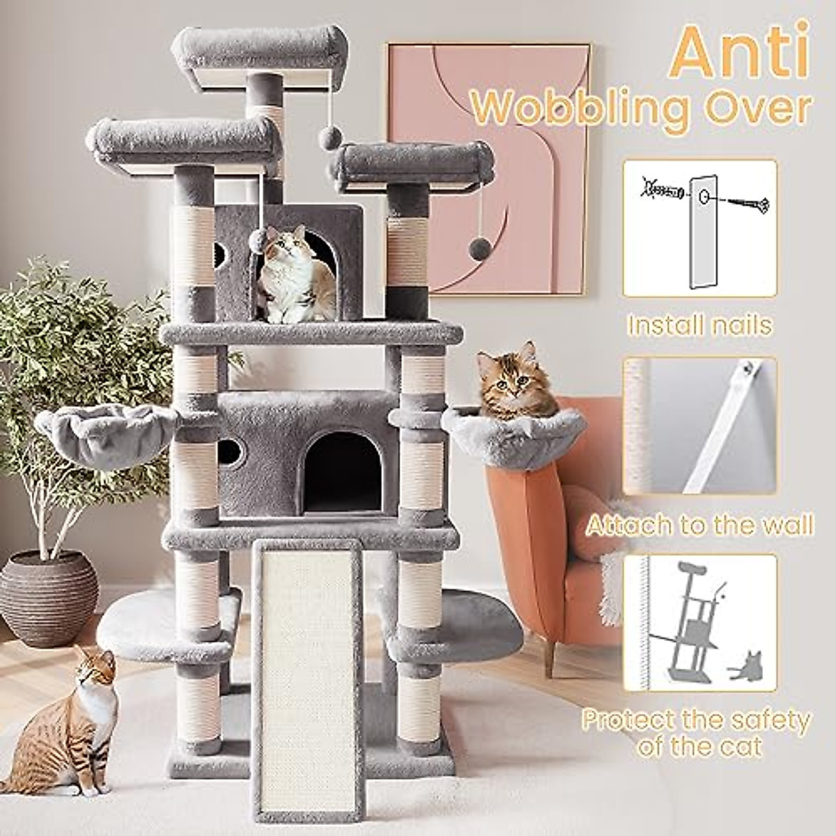 SHA CERLIN 68 Inches Multi-Level Large Cat Tree for Large Cats/Big Cat Tower with Cat Condo/Cozy Plush Cat Perches/Sisal Scratching Posts and Hammocks/Cat Activity Center Play House, Grey