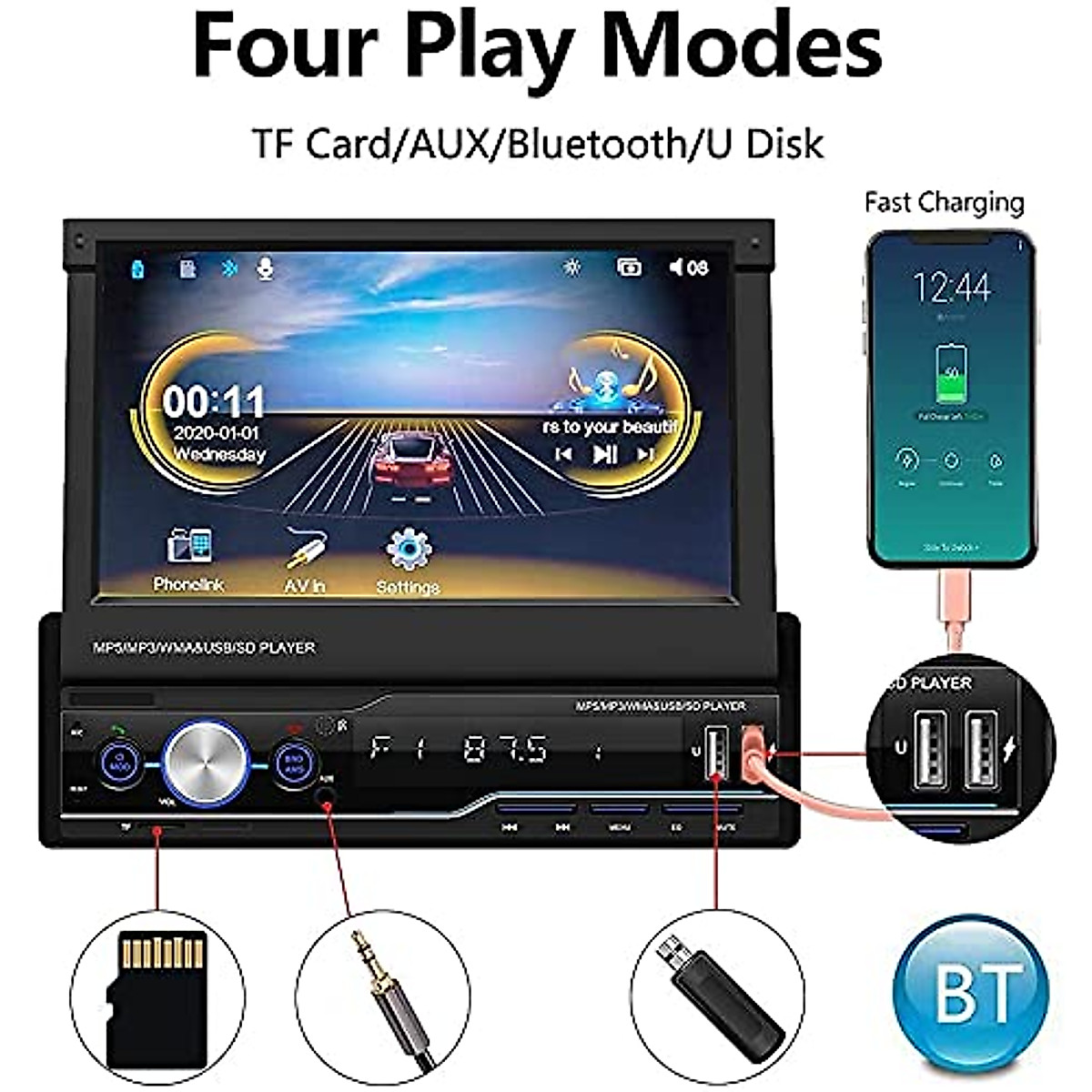 7 Inch Single Din Car Stereo, Apple Carplay Android Auto Flip Out Car Touchscreen Radio with Bluetooth,Mirror Link,Backup Camera, USB/AUX Input,AM/FM