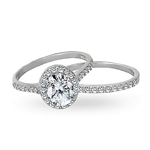 Hoops & Loops 925 Sterling Silver Cubic Zirconia Oval-cut Halo Bridal Wedding Band Engagement Ring 2Pcs Set for Women Teen Girls, Size 7