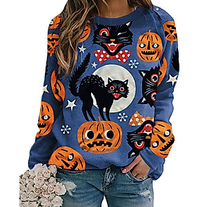 Neyaolk Women Halloween Sweatshirt Pullover Lightweight - Pumpkins Cats Moon Printing Raglon Long Sleeve Blouse Blue XXL