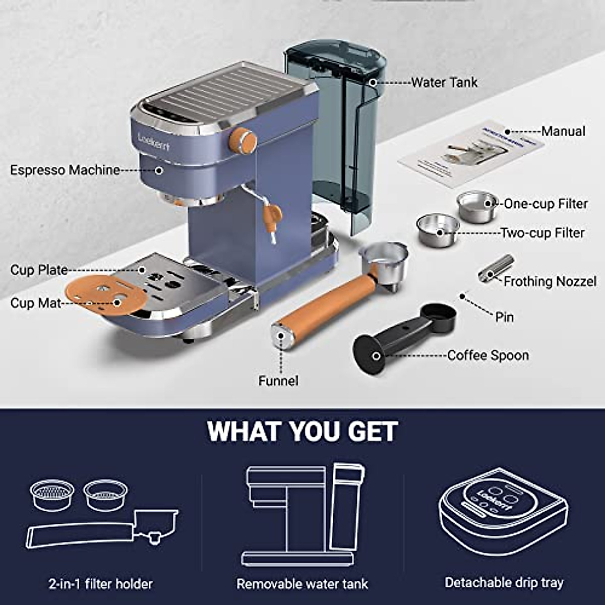 Laekerrt Espresso Machine 20 Bar Espresso Maker CMEP01 with Milk Frother Steamer, Home Expresso Coffee Machine for Cappuccino and Latte (Navy Blue, Stainless Steel) Gift for Coffee Lovers, Father