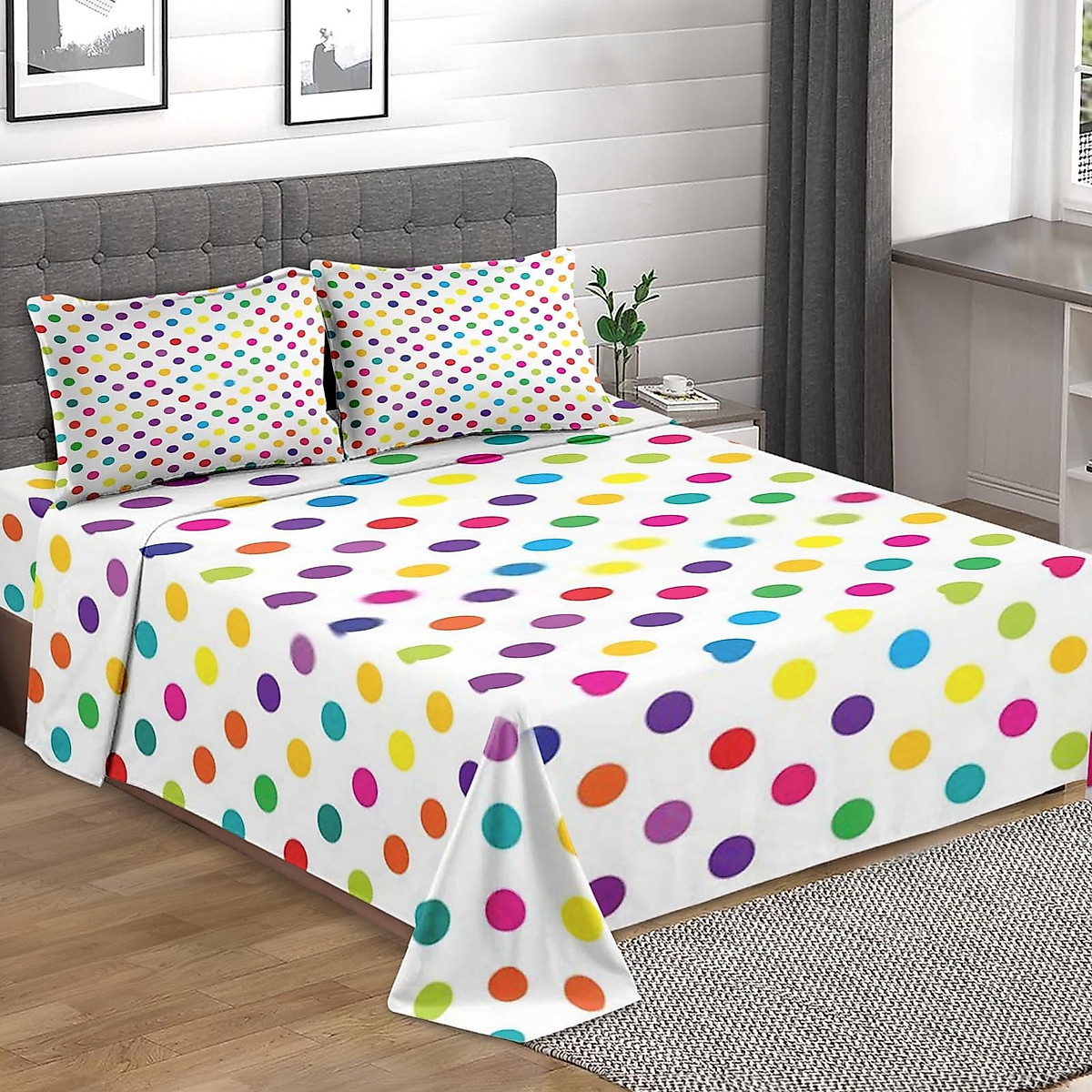 Pinbeam 3 Pcs Fitted Sheet Set Twin Size with Deep Pocket, Polka Dot Kids Bedding Set with Pillowcase for Kids and Adults, Inspired Candy Fun Flat Bed Sheet Set