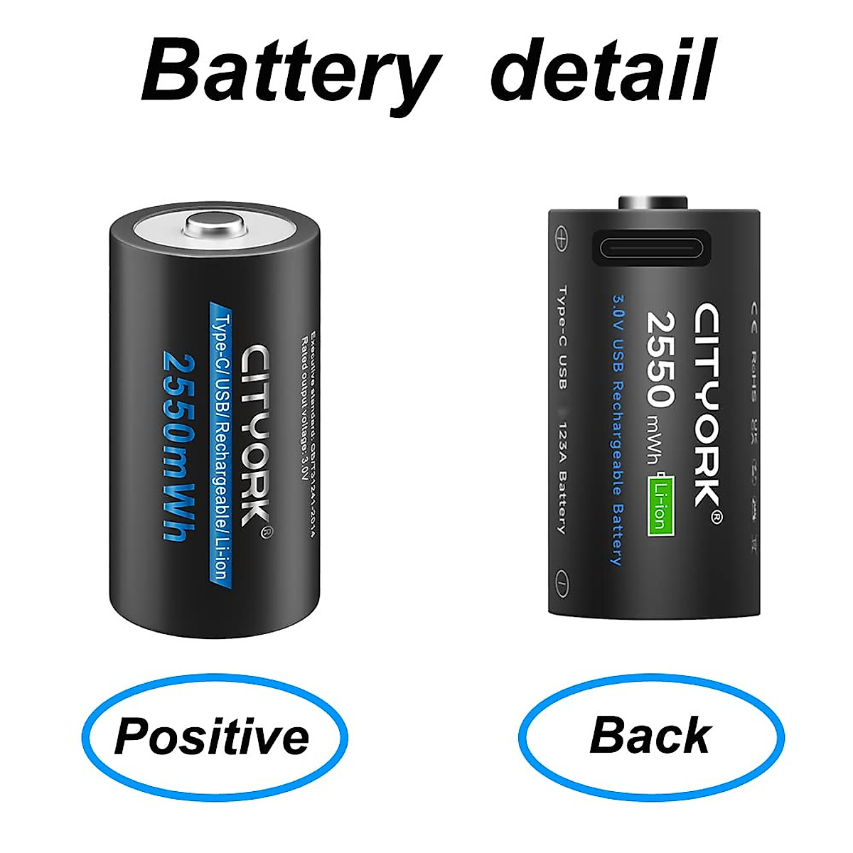 CITYORK CR123A 2550mWh Lithium Battery 6 Pack, 2550mWh CR-123A Lithium Battery for High Intensity Flashlight, Home Safety, Security Devices with 4 in 1 USB-C Cable（Not D Size Battery）