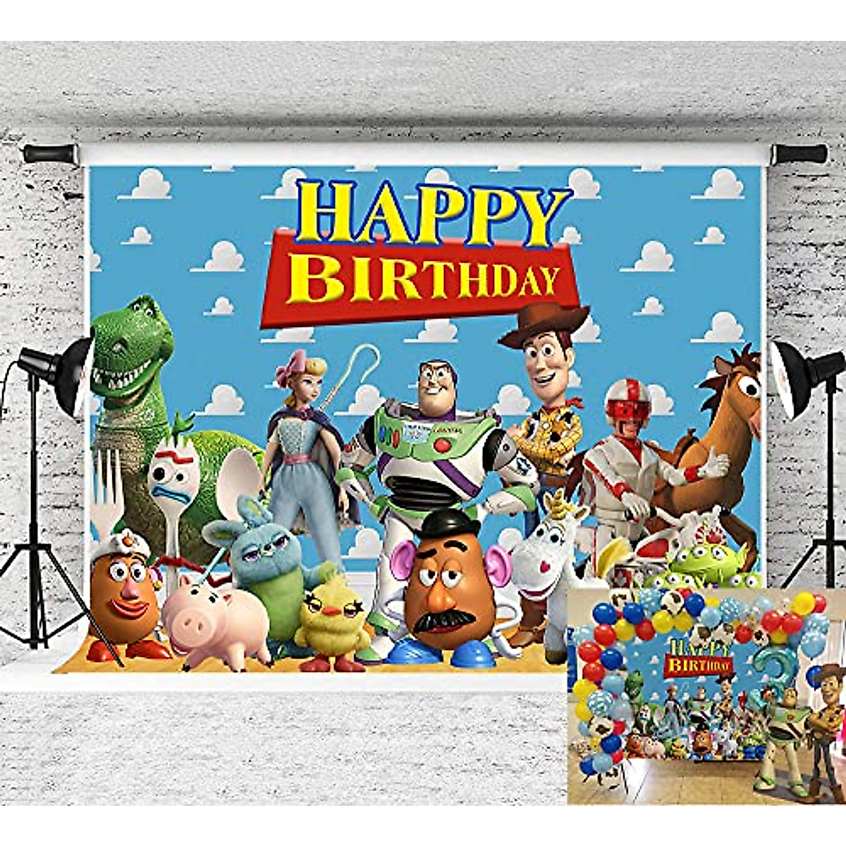 WRQ GCH 7x5ft Cartoon Toy Backdrop Blue Sky White Clouds Happy Birthday Party Decoration Toy Baby Shower Backdrop Cake Table Decoration
