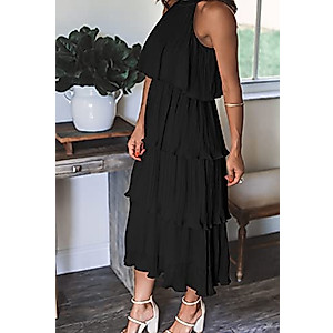 ZESICA Women's 2023 Summer Sleeveless Halter Neck Ruffle Tiered Layed Chiffon Flowy Swing Long Midi Dress,DarkBlack,Large
