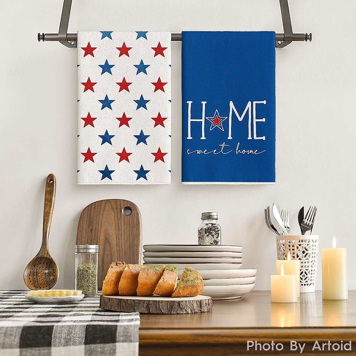 Artoid Mode Blue Stars Home Sweet Home Patriotic 4th of July Kitchen Towels Dish Towels, Memorial Day 18x26 Inch Seasonal Decoration Hand Towels Set of 2