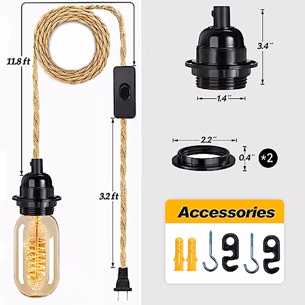 HESSION Rattan Wrapped Extension Hanging Lantern Cord, Plug-in Pendant Light with Hemp Cord - 15ft, E26/E27 Compatible Plug in Vintage Fabric Lamp Cord - Ideal for Rustic Lighting and Boho Style Decor
