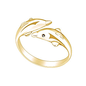 AFFY 14K Yellow Gold Over Sterling Silver Black Cubic Zirconia Double Dolphins Adjustable Ring for Women