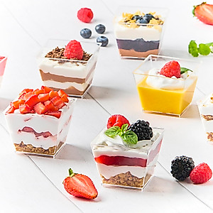 Zezzxu 50 Pack 4 oz Square Mini Dessert Cups with Spoons - Plastic Pudding Cups & Parfait Cups Party Dessert Shooters for Serving Trifle Mousse Cake Appetizer Fruit