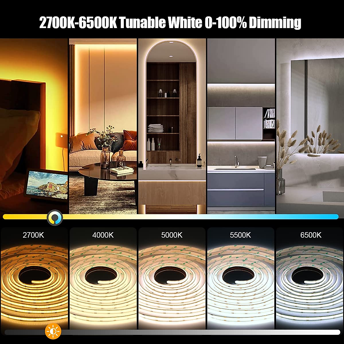 Wefomey COB LED Strip Light White CCT Tunable 3200LEDs, 16.4ft Dimmable 2700K-6500K 24V LED Tape Lights with Remote and APP, UL Power Supply, Led Light for Bedroom, Kitchen, Cabinets, DIY Lighting