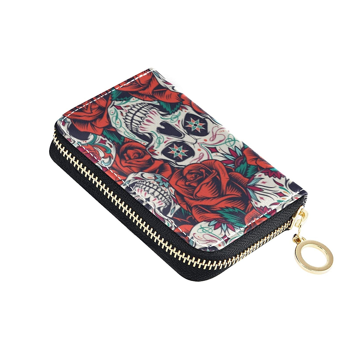 MOYYO RFID Credit Card Holder Case Vintage Sugar Skull Red Rose Leather Printed Zipper Card Case Wallet for Women Girls
