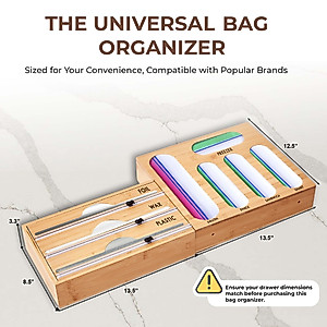 PANDAWOOD 8 IN 1 Storage Bag Organizer for Kitchen Drawer - Bamboo Plastic Bag Organizer - Foil Plastic Wrap Organizer Dispenser with Cutter - Baggie Organizer for Drawer - Sandwich Bag Organizer