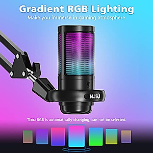 NJSJ USB Gaming Microphone for PC, Condenser Mic with Boom Arm for PS4/ PS5/ Mac/Phone with Touch Mute, RGB Lighting,Gain knob & Monitoring Jack for Streaming,Podcasting,YouTube