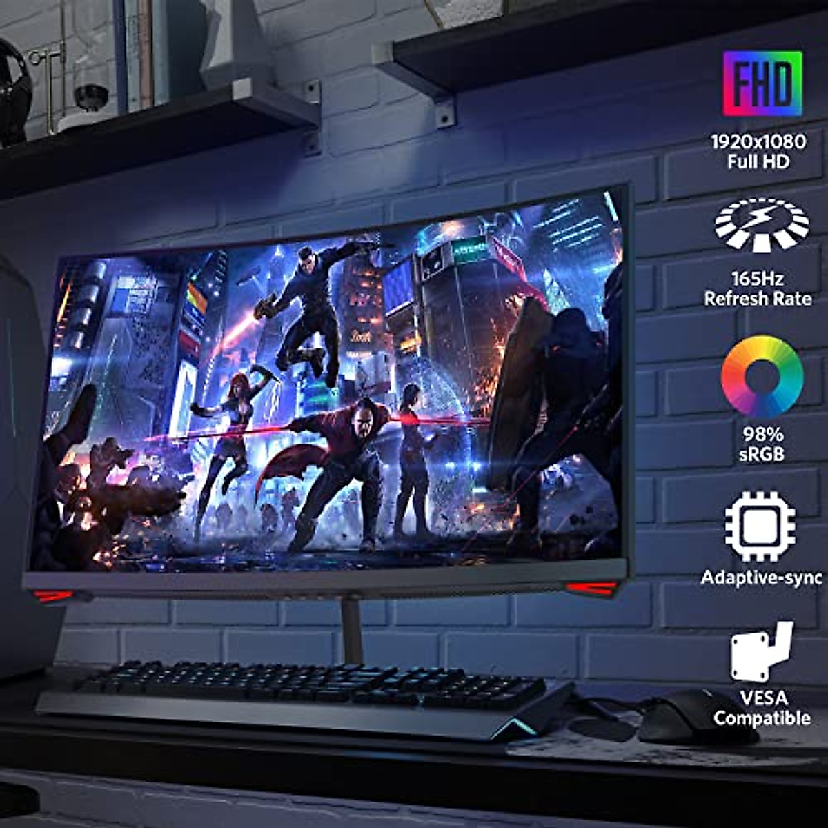 Fiodio 24'' 165Hz Refresh Rate Curved Monitor Full HD 1080P with HDMI Display Ports, VESA Compatible, Free-Tearing Eye Care Monitor for Home Office and Gaming (DP Cable Included)