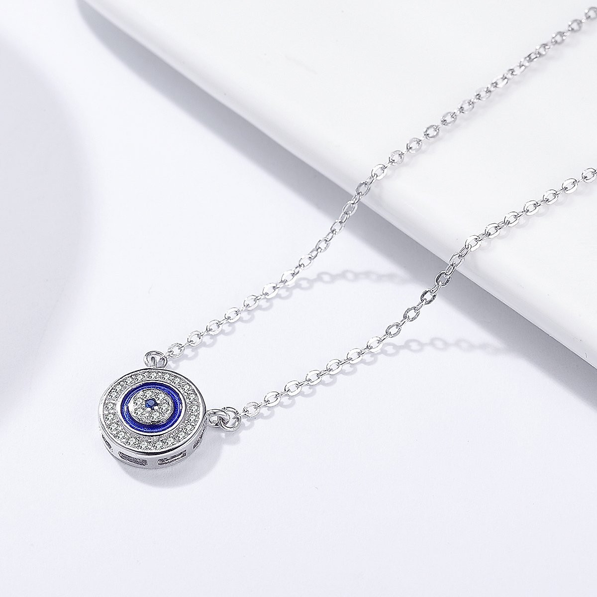 BISAER 925 Sterling Silver Lucky Evil Eye Necklace Blue Cubic Zirconia Pendant Necklaces for Women