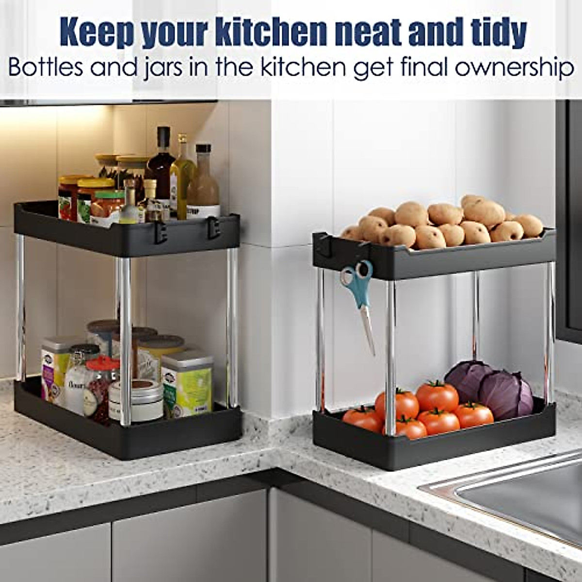 Tailide Under Sink Organizers and Storage (2 Pack), 2 Tier Bathroom Organizer Under Sink, Black Under Kitchen Sink Organizers and Storage, Cleaning Supplies Organizer, Counter Under Cabinet Storage