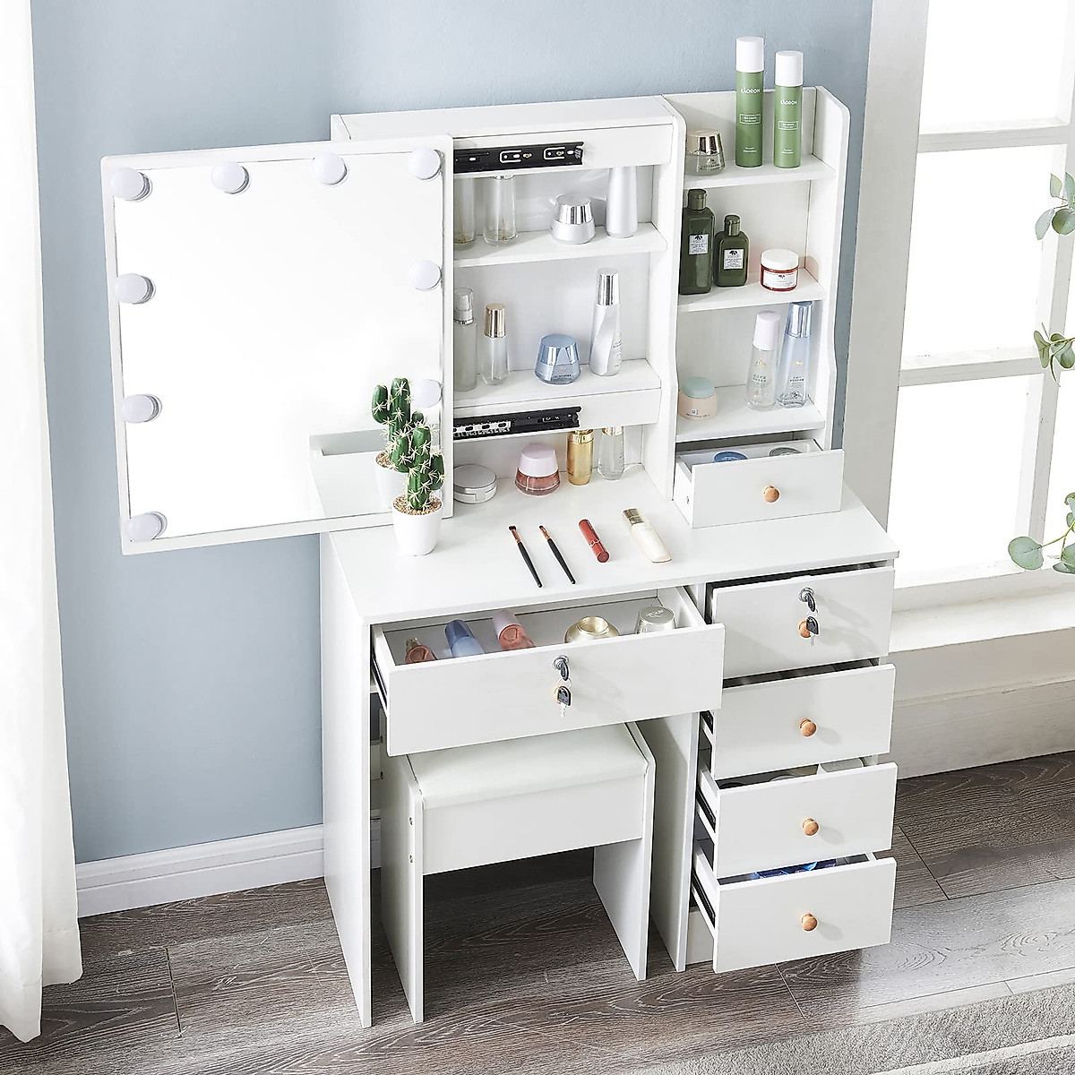 Abesthink Makeup Vanity Table with Drawers, Vanity Desk Set with Shelves, Dresser Desk and Cushioned Stool Set White for Gitls Women