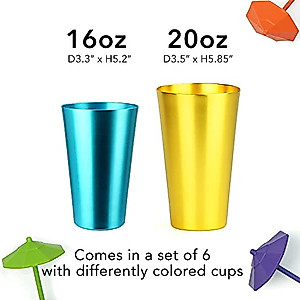 Aluminum Water Tumblers, Set of 6, Different Color, for Children and Adults, Travelling Tumblers, Party Tumblers, Stackable, 16oz (Large)
